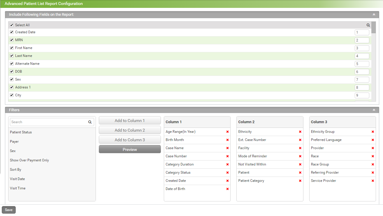 Advance Patinet List Report Configuration